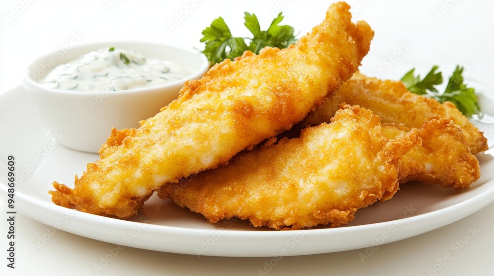 A plate of crispy fried fish fillets with a side of tartar sauce ...