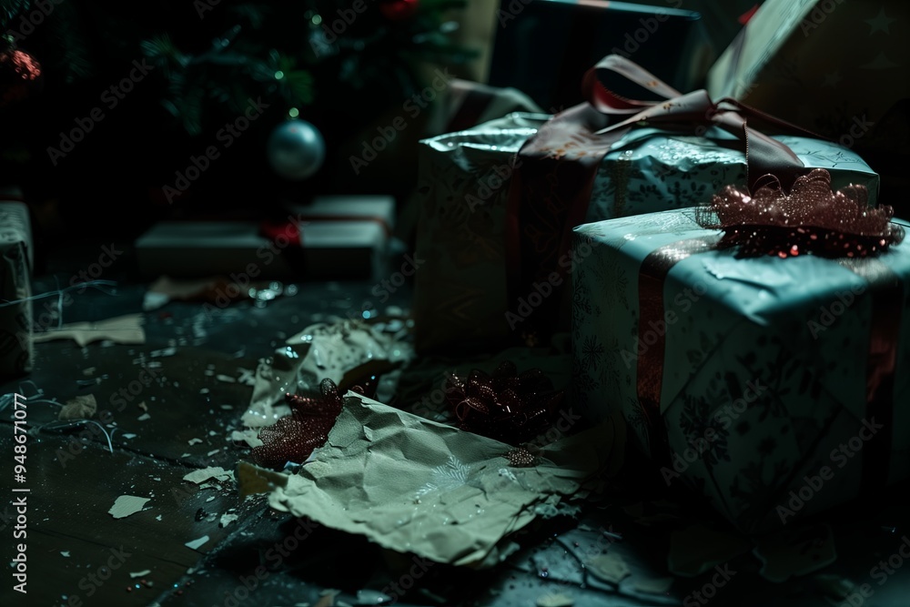 Type: medium shot, , Subject: creepy Christmas presents with ominous ...