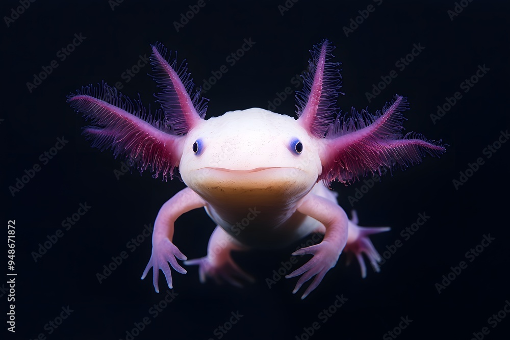 Detailed macro photograph of a pink axolotl in dark water showing its unique aquatic features ...