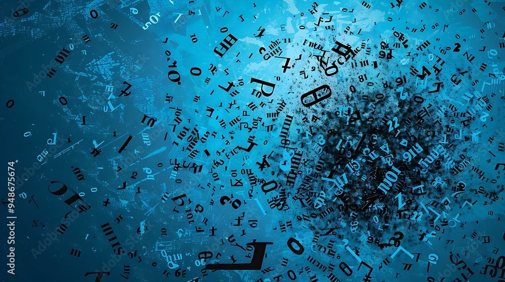 An abstract illustration in ASCII art style, where a diverse mix of alphanumeric characters and ...