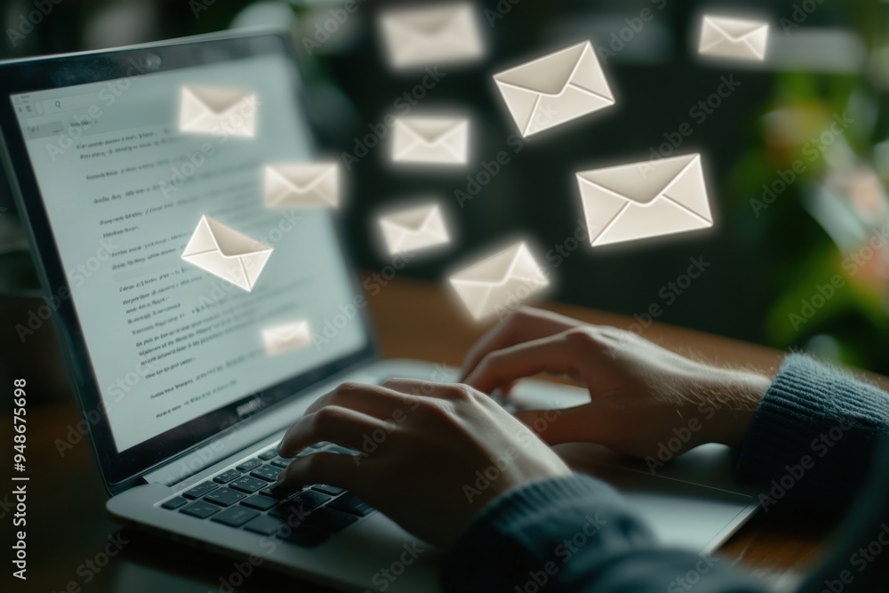 A person typing on their laptop, with the screen showing an email ...