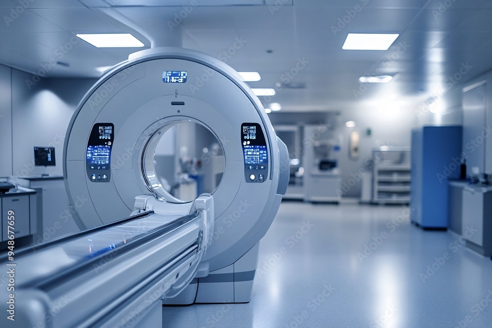 Magnetic resonance imaging scanner stands in the middle of a hospital ...