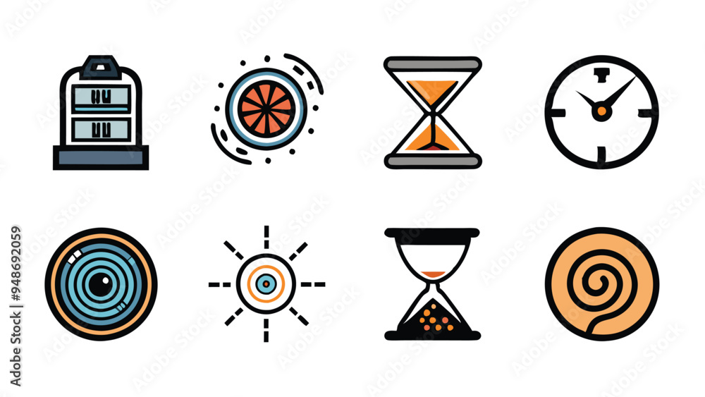 Set of 7 time travel icons in line style, including hourglass, clock ...