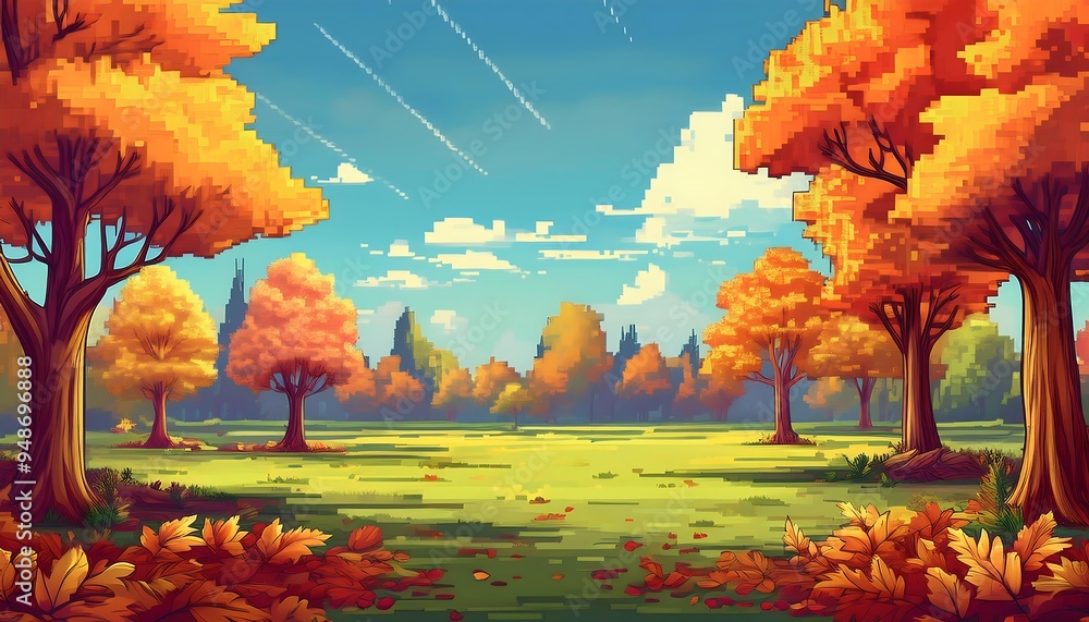 Pixelated Playful Autumn Park - lively cartoon park landscape with a ...
