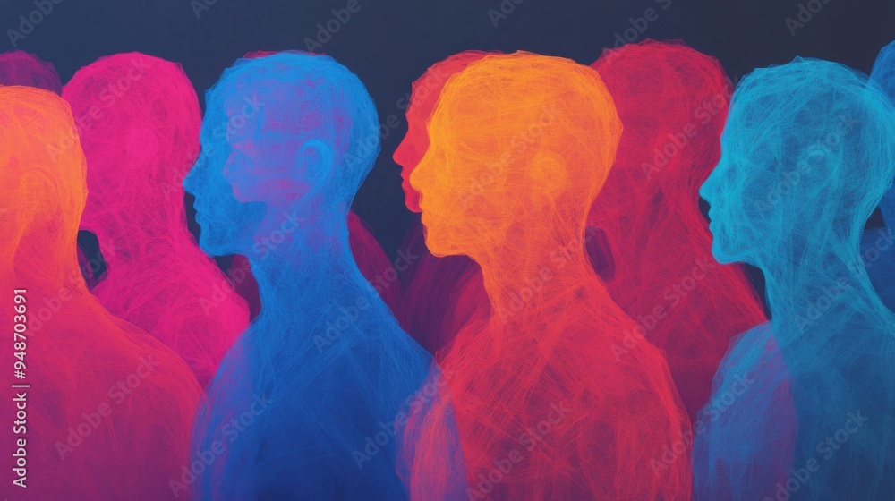 Abstract human figures connected by digital lines, symbolizing ...