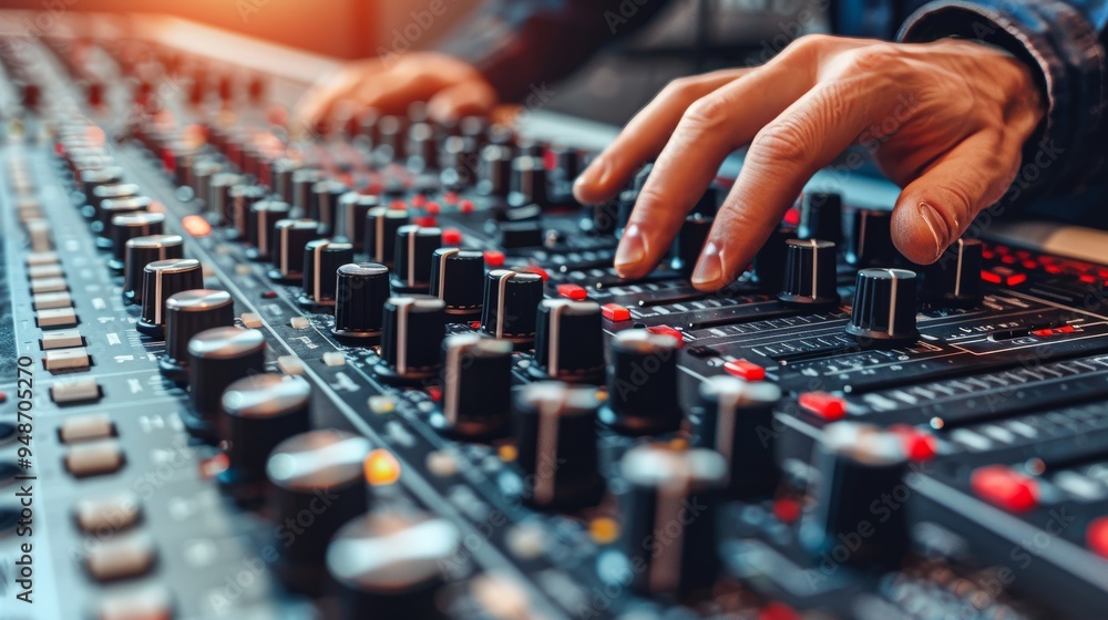 Sound engineer fine tuning audio levels at music festival using ...