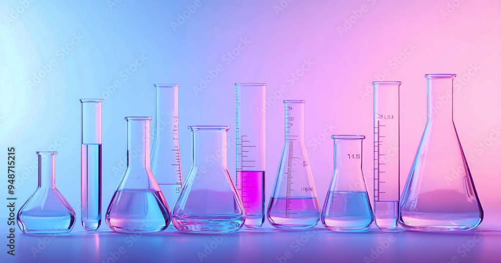 Scientific glassware beakers, flasks, and test tubes with clear liquids ...