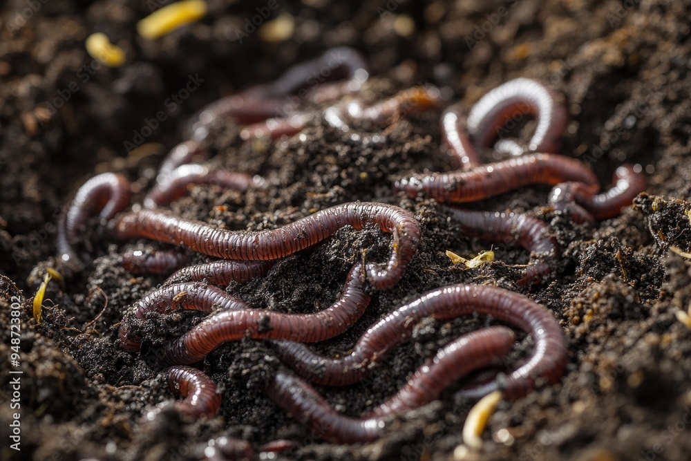 Close-up image of earthworms in soil. This image can be used to ...