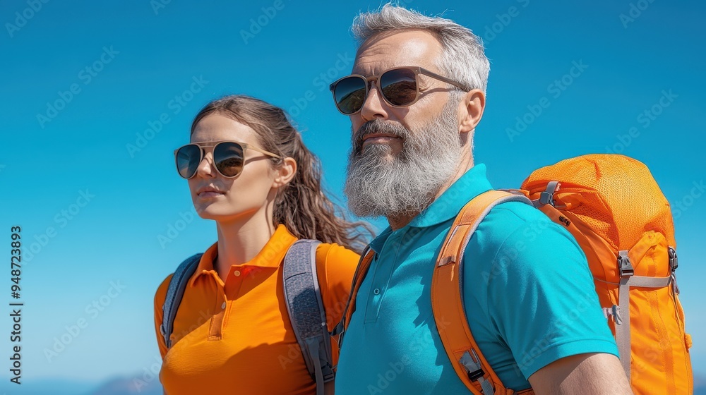 Two adventurers stand confidently atop a mountain, sporting sunglasses ...