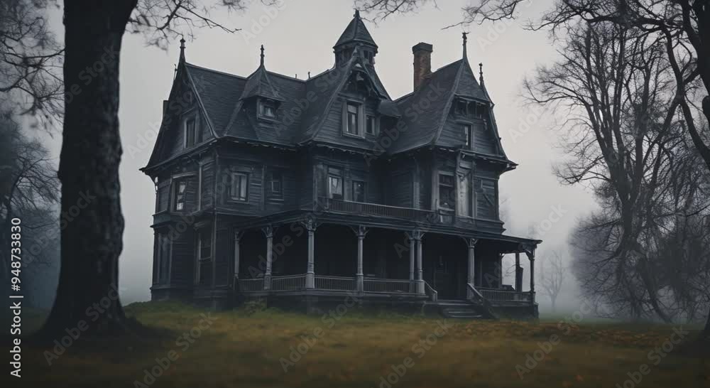 Misty haunted house mystery house in a thriller or horror film 4k ...