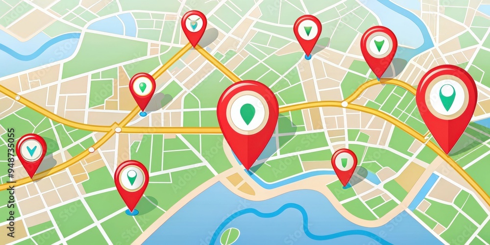 of a digital map with route markers and directions for navigation, GPS ...