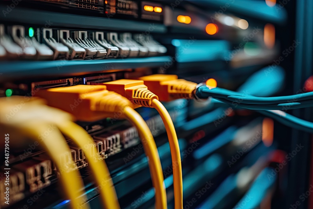 Yellow Ethernet Cables Connected To A Server This Image Depicts The Physical Infrastructure Of