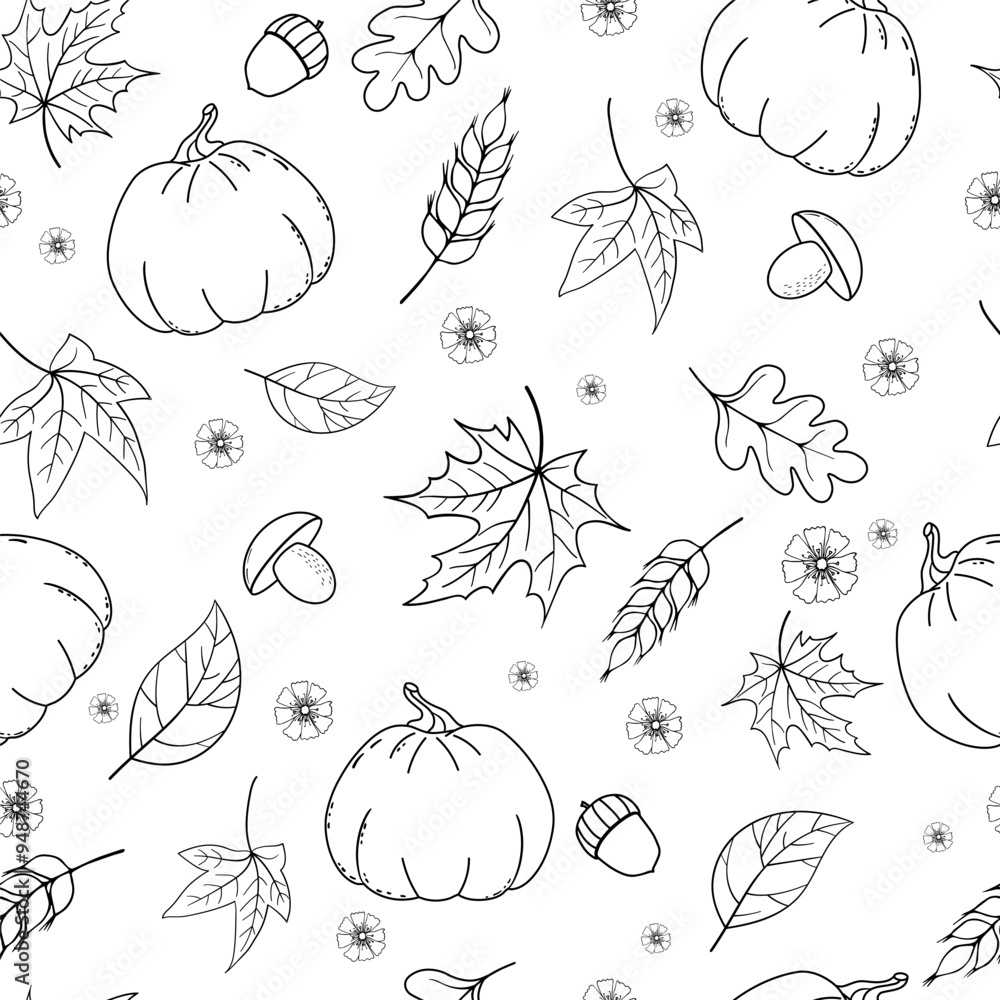 Seamless background with monochrome leaves, pumpkins, mushrooms and ...