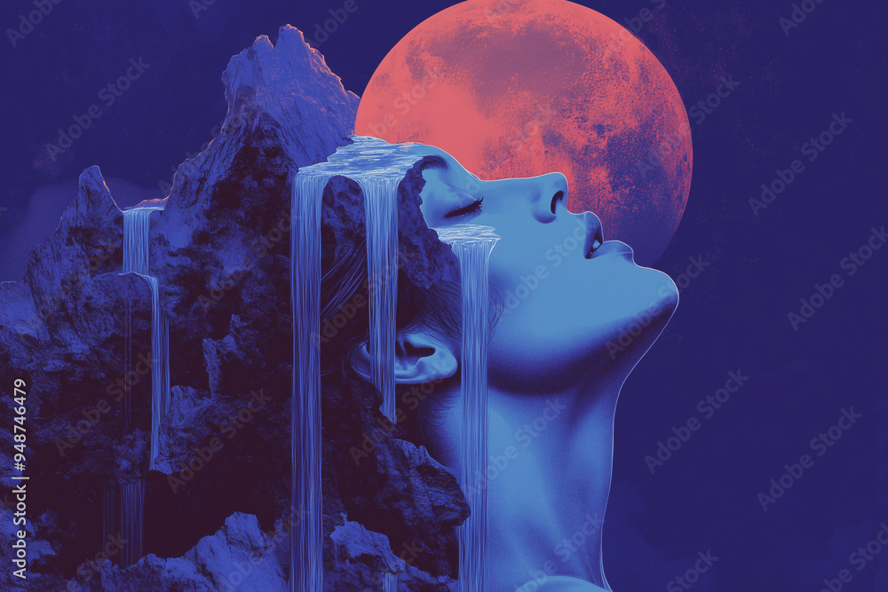 Surreal Female Profile with Waterfalls and Rocky Landscape Under Red ...