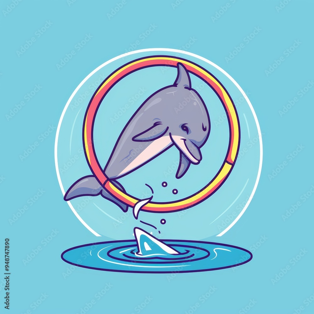 Cartoon dolphin jumping through a hoop, creating a splash in the water ...