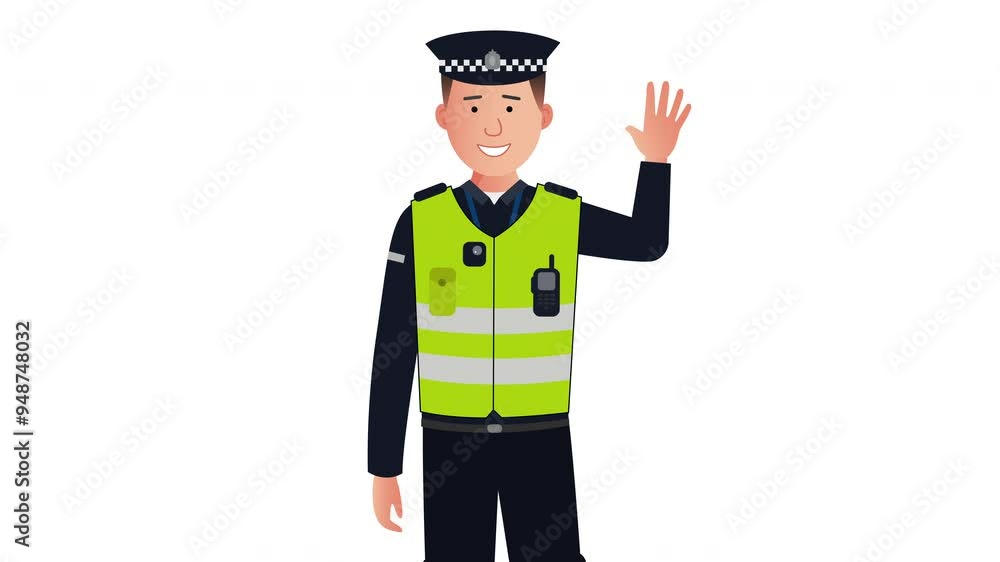 2D Illustrated police man officer vector character waving hand and ...