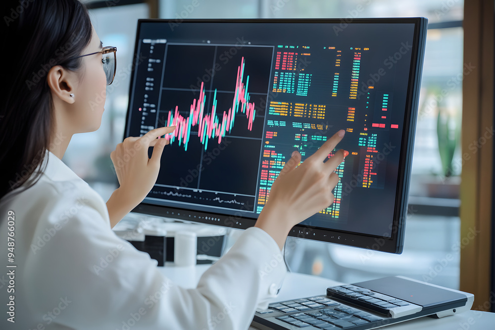 Professional woman sitting at the desk in her office and lookin at the ...