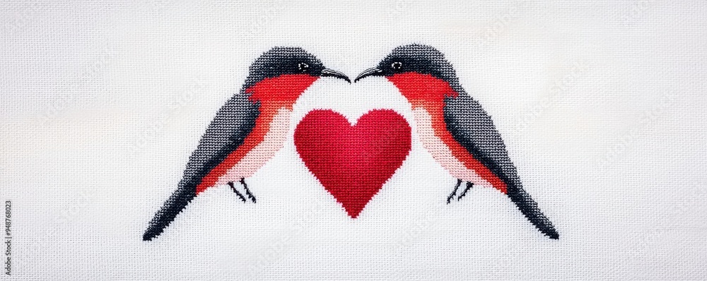 Simple and elegant cross-stitch of two birds facing each other, forming ...