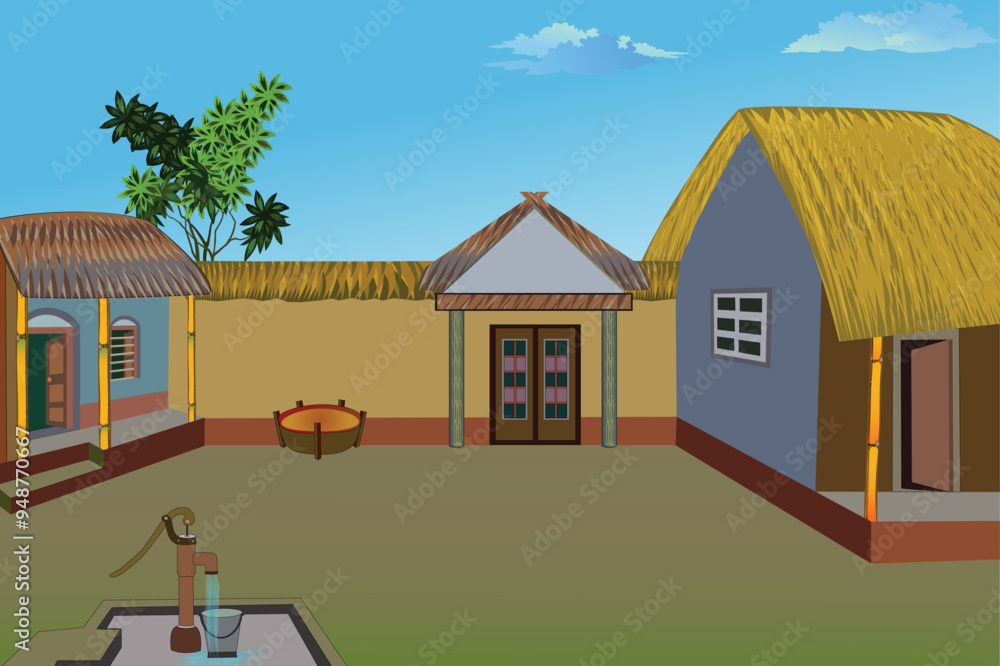 Inside the village house. Cartoon background vector artwork of a ...