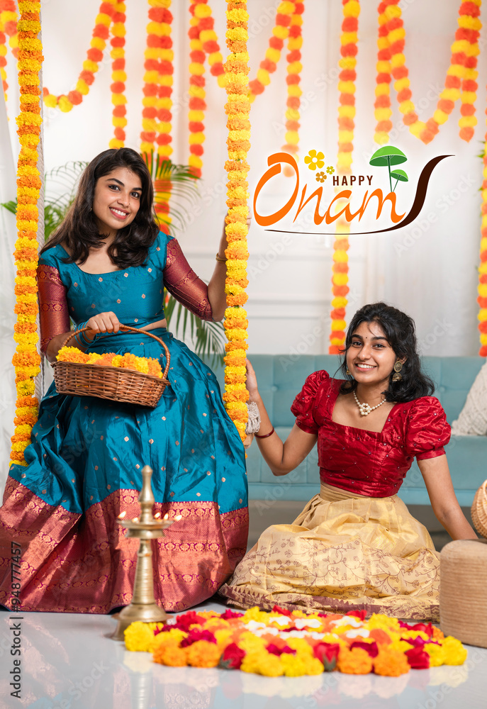 Onam poster design, Beautiful girls celebrating Onam festival by making ...