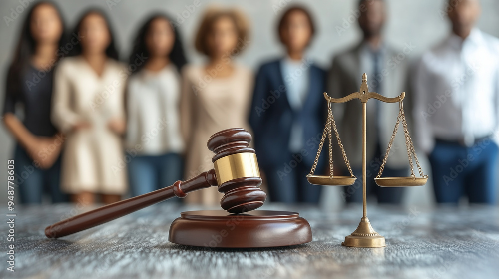 Foto de Justice for All: Diverse people standing under a giant gavel ...