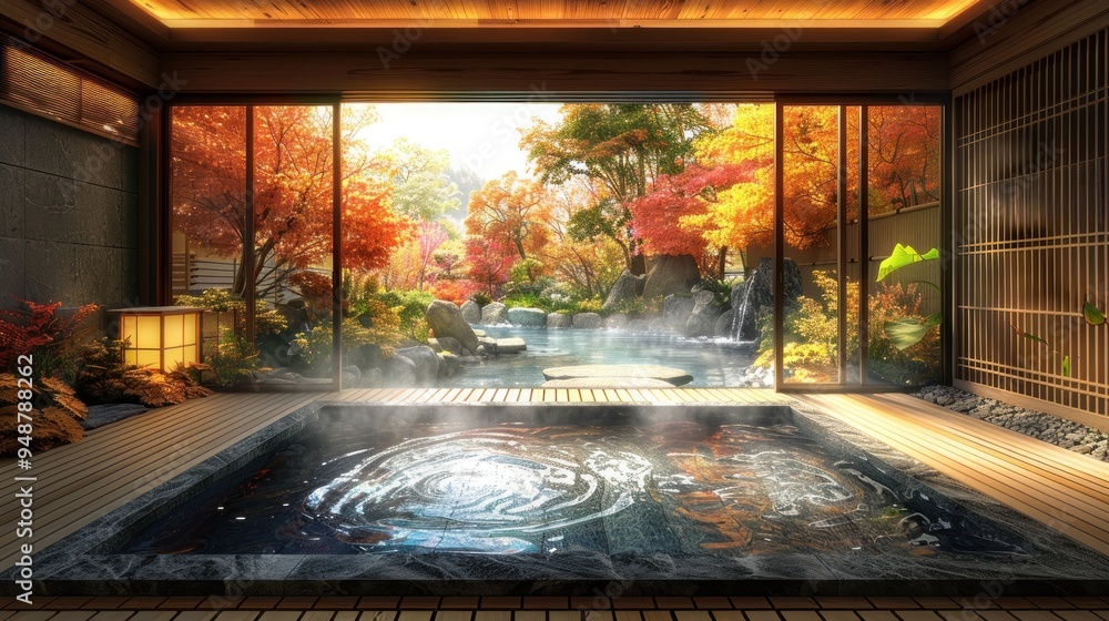 Inviting indoor onsen with hot mineral water and an autumn garden view ...