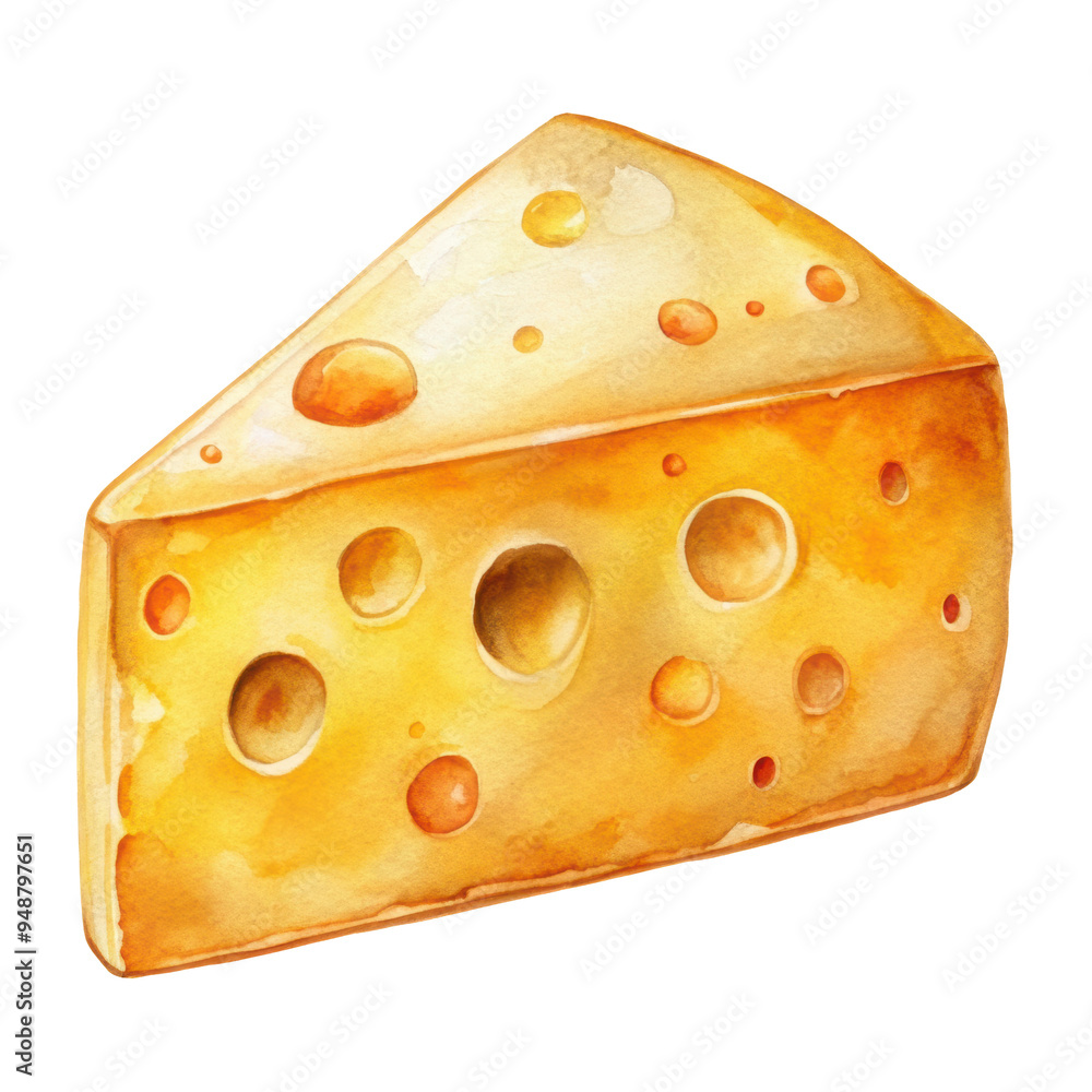 Watercolor illustration of a cheese wedge featuring prominent holes and ...