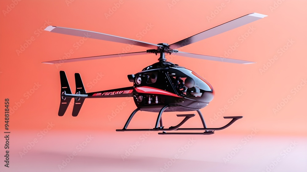 A detailed view of a realistic RC helicopter hovering against a light ...