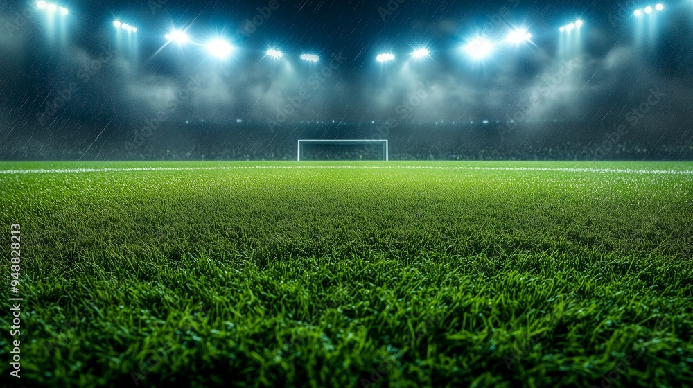 A green grass field in a football stadium with floodlights in the ...