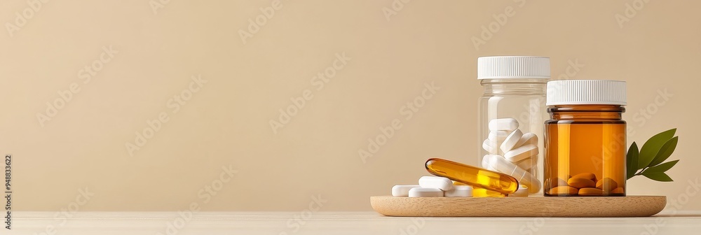 A collection of assorted vitamins, food supplements, and minerals in ...