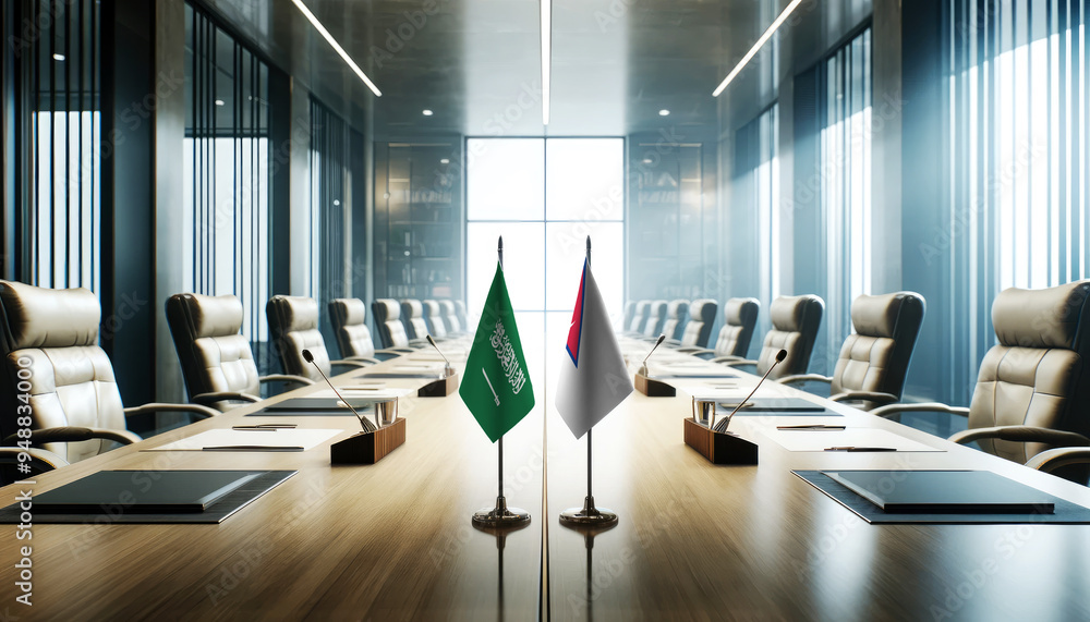 A modern conference room with Saudi Arabia and Nepal flags on a long ...