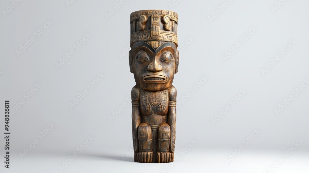 A detailed wooden carving of a tribal totem pole featuring intricate ...