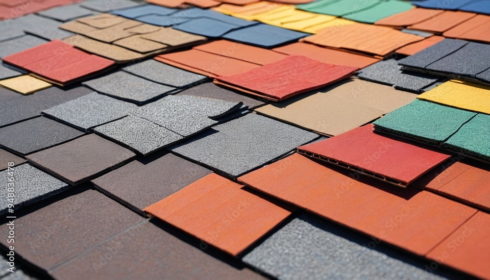 A collection of roofing materials laid out on a table, featuring ...