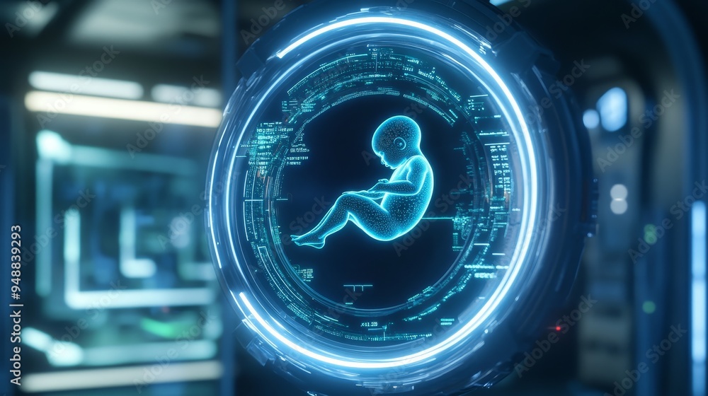 A futuristic visualization of a virtual embryo within a glowing ...