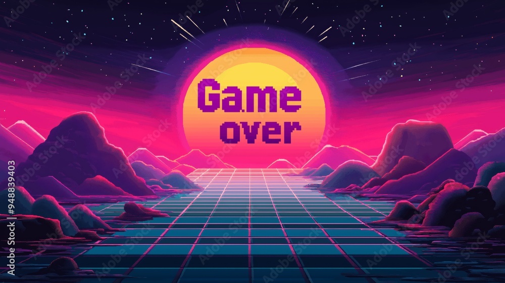 Illustration of a text "Game Over" in 3D futuristic pixel art style ...