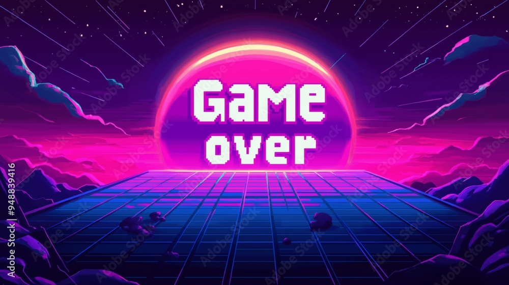 Illustration of a text "Game Over" in 3D futuristic pixel art style ...
