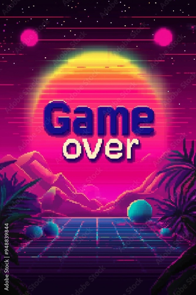Illustration of a text "Game Over" in 3D futuristic pixel art style ...
