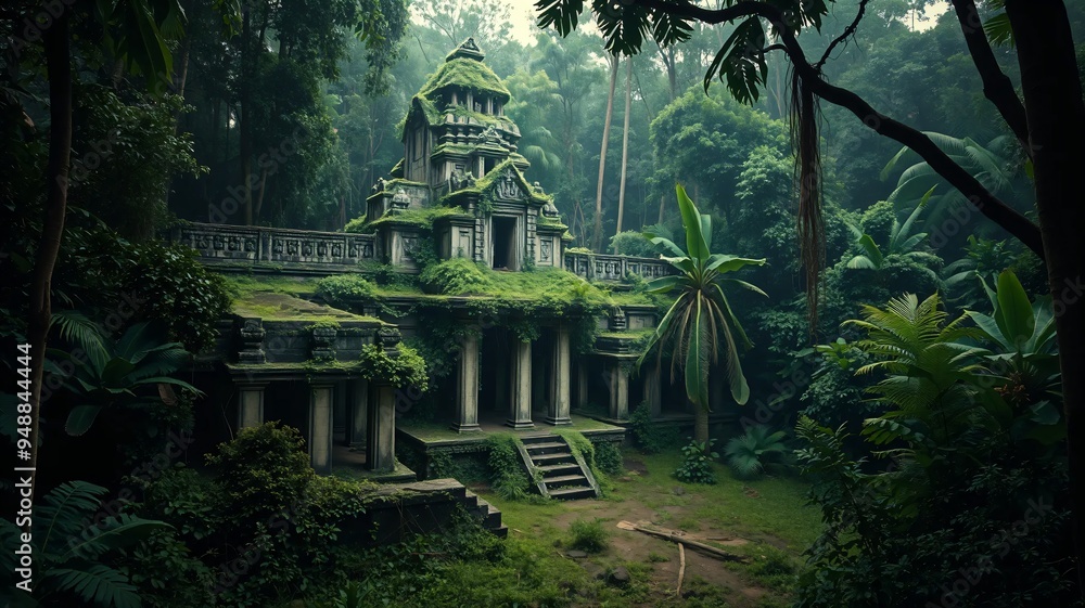 ancient and overgrown mayan temple ruins in the jungle, lost place in ...