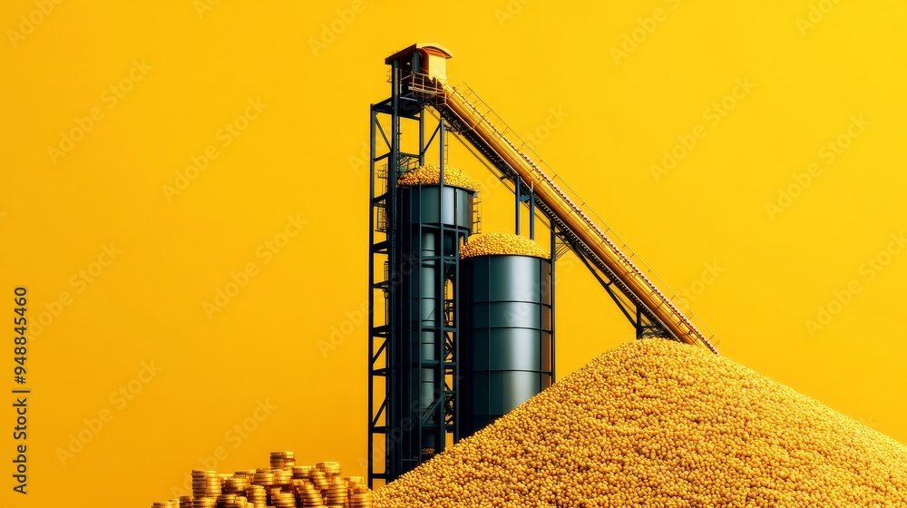 A modern flat icon depicting a silo with a conveyor system. This ...