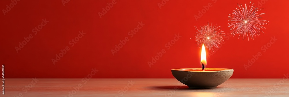 A single lit diya, representing hope and light, sits on a wooden ...
