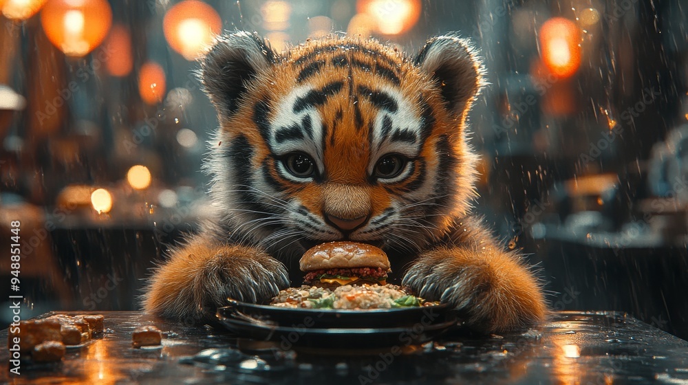 Cute tiger cub sits at a table, eagerly eyeing a burger and fries in a ...