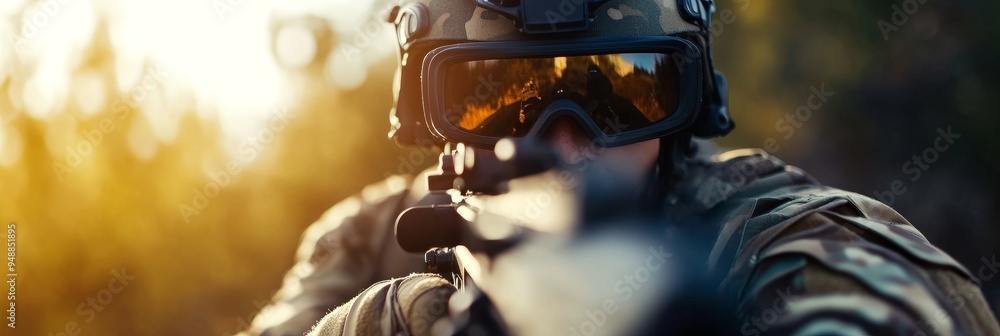 A soldier wearing tactical gear and goggles aims an assault rifle in a ...