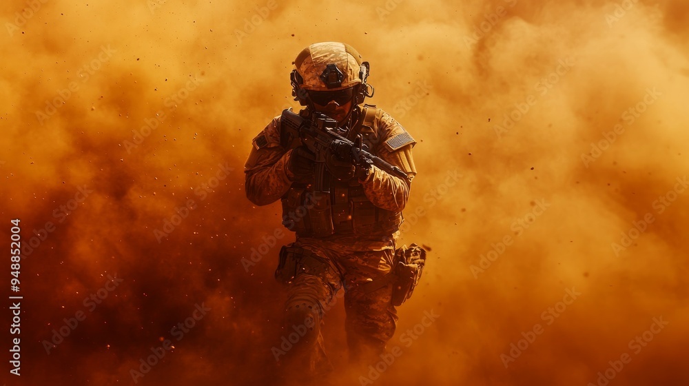 A soldier in full combat gear, including a helmet, vest, and gloves ...