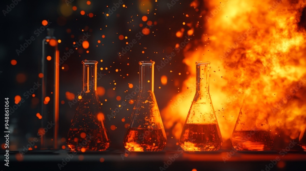 Four beakers filled with liquid are in front of a fire and smoke ...