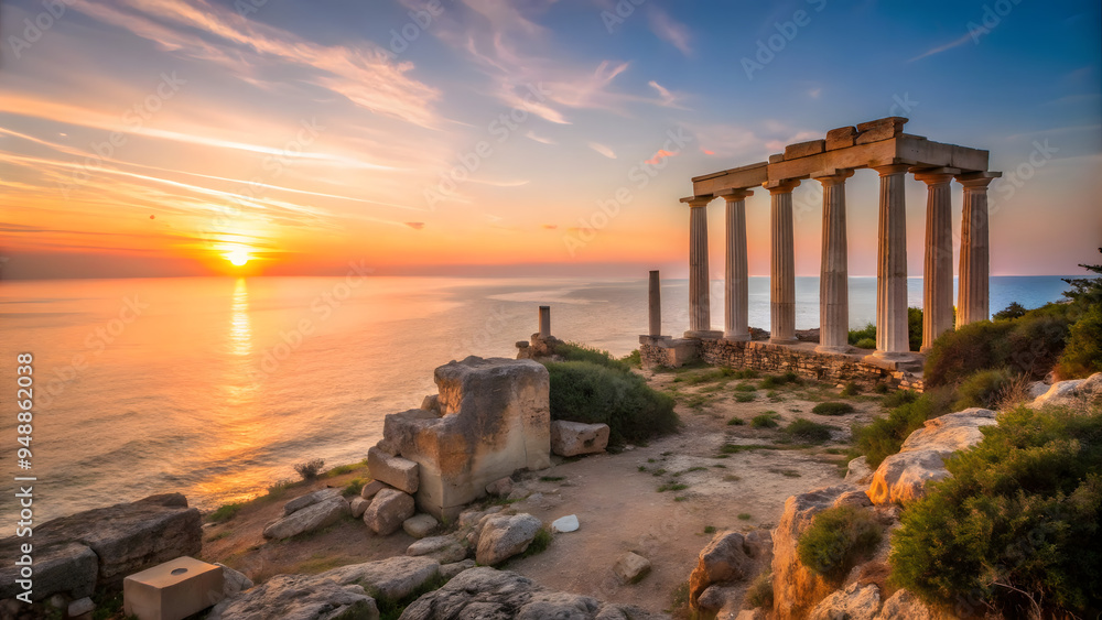 Ancient Greek temple ruins set on a cliff overlooking the ocean at ...