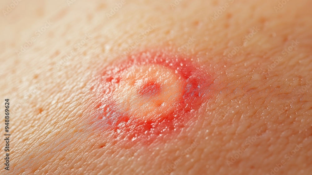 Macro shot of a red, ring-shaped rash on human skin, potentially ...