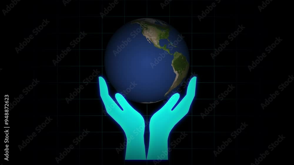 Hand holding earth throwing up and catch. The arms hold a spinning ...