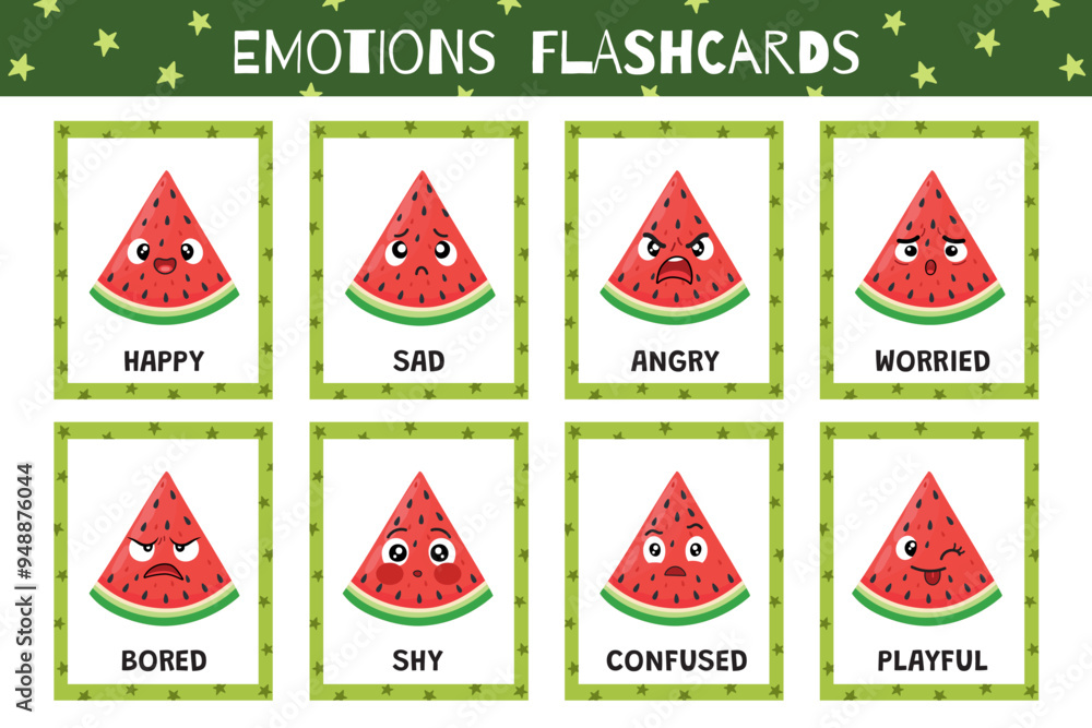Watermelon emotions flashcards collection. Flash cards set with cute ...