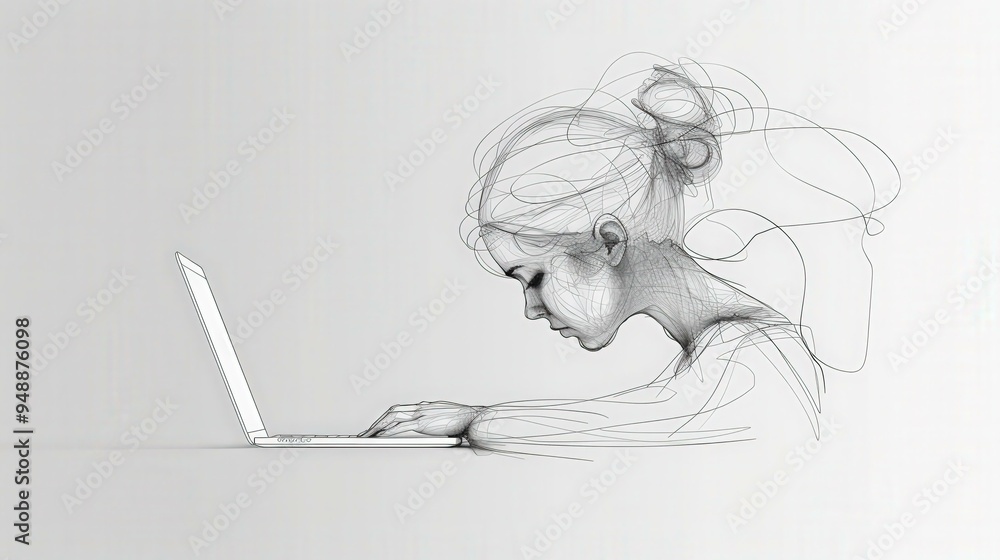 pencil sketch portrait of a girl working on a laptop, side view single ...