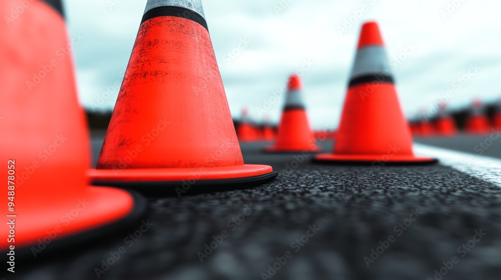Modern driving school setup focusing on traffic cones and a test track ...
